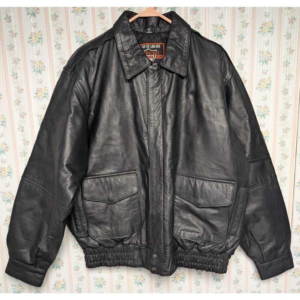 Interstate Leather Bomber Jacket Mens Size Xl Black B… - Gem
